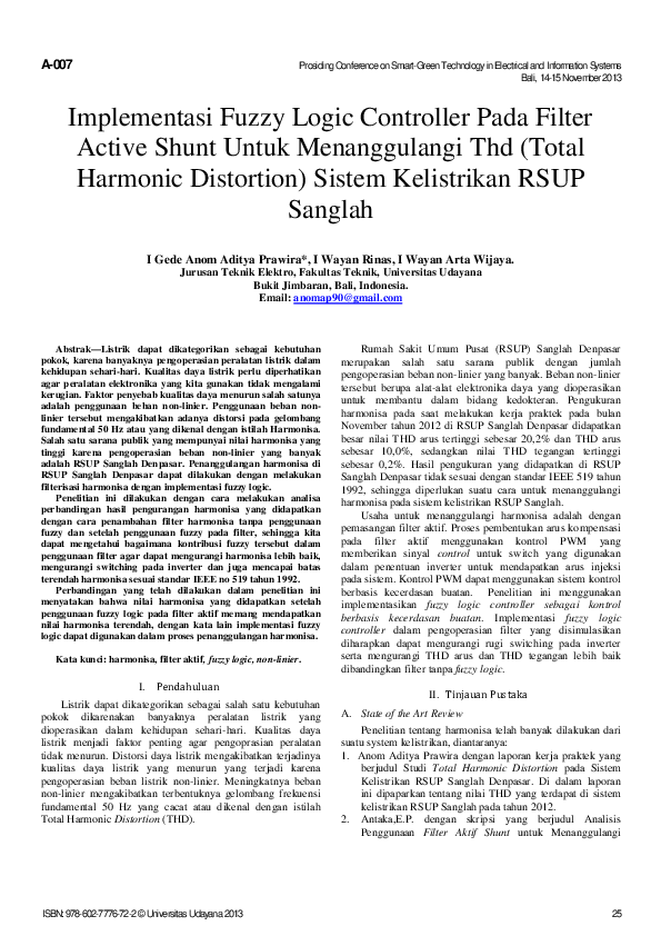 (PDF) Implementasi Fuzzy Logic Controller Pada Filter Active Shunt Untuk Menanggulangi Thd ...