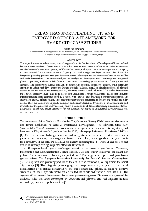 (PDF) Urban Transport Planning, Its and Energy Resources: A Framework for Smart City Case Studies