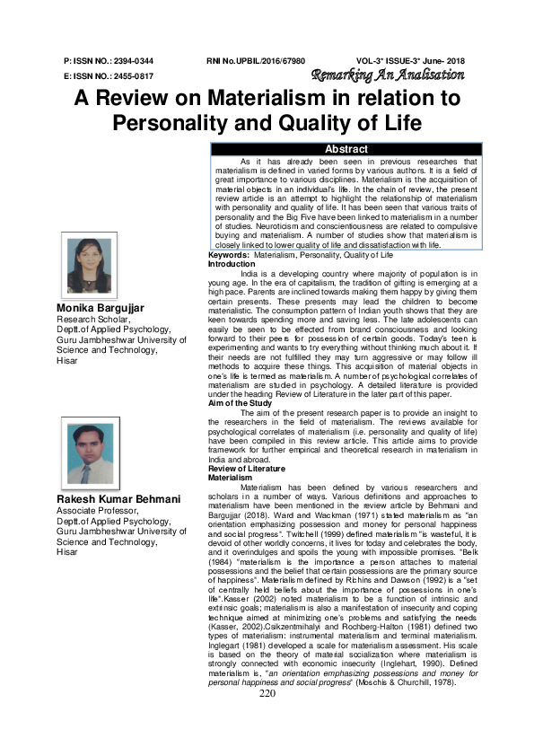 (PDF) A Review on Materialism in relation to Personality and Quality of ...