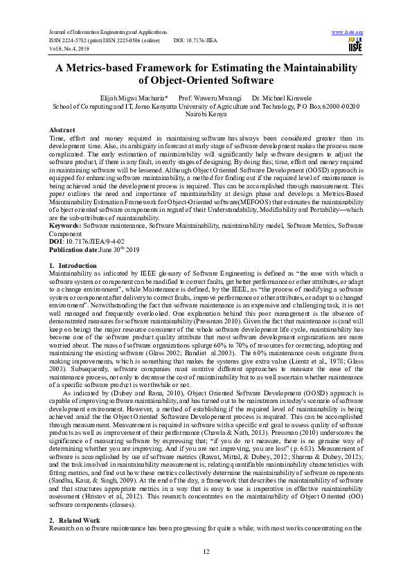(PDF) A Metrics-based Framework for Estimating the Maintainability of Object-Oriented Software