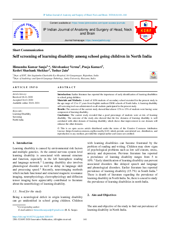 (PDF) Self screening of learning disability among school going children ...