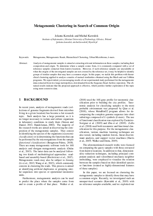 (PDF) Metagenomic Clustering in Search of Common Origin