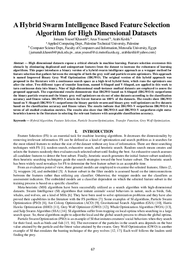 Pdf A Hybrid Swarm Intelligence Based Feature Selection Algorithm For High Dimensional Datasets
