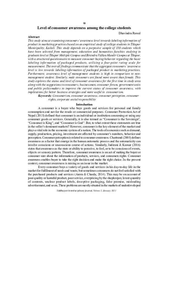 (PDF) Level of consumer awareness among the college students