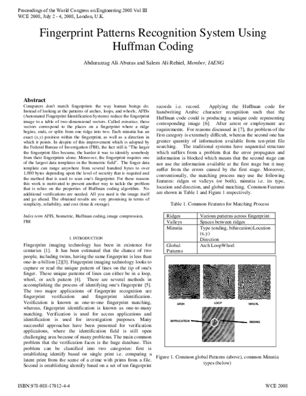 (PDF) Fingerprint Patterns Recognition System Using Huffman Coding | Abdurazzag Aburas ...