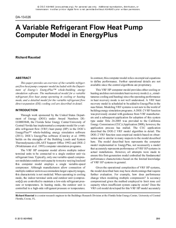 (PDF) A Variable Refrigerant Flow Heat Pump Computer Model in EnergyPlus