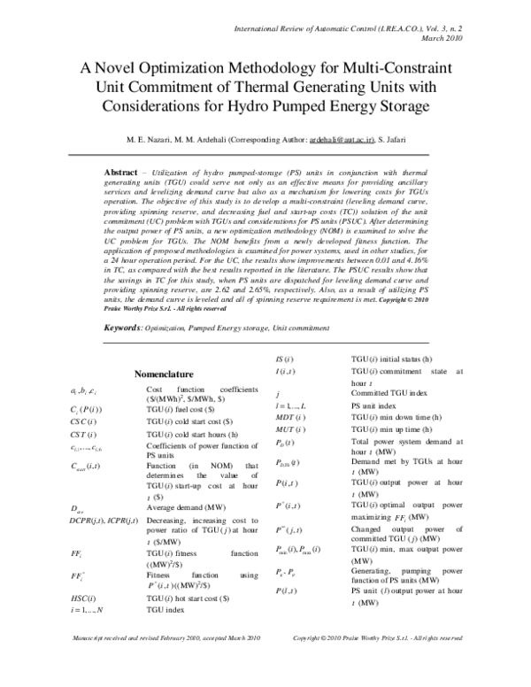 (PDF) A Novel Optimization Methodology for Multi-Constraint Unit Commitment of Thermal ...