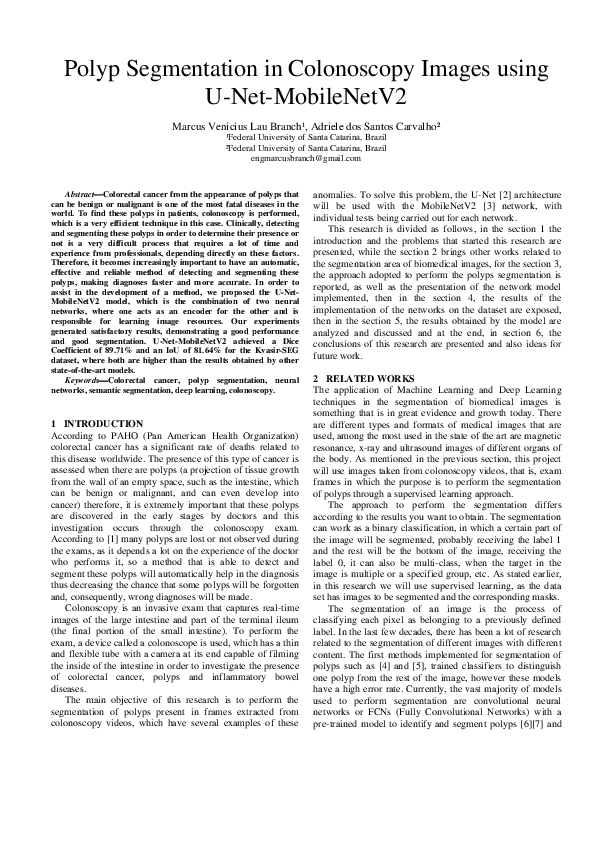 (PDF) Polyp Segmentation in Colonoscopy Images using U-Net-MobileNetV2