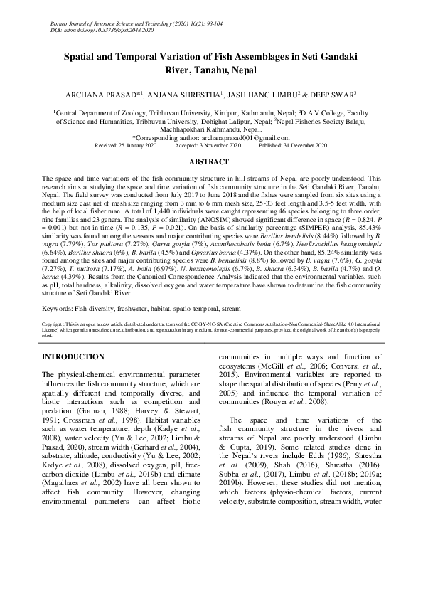 (PDF) Spatial and Temporal Variation of Fish Assemblages in Seti Gandaki River, Tanahu, Nepal
