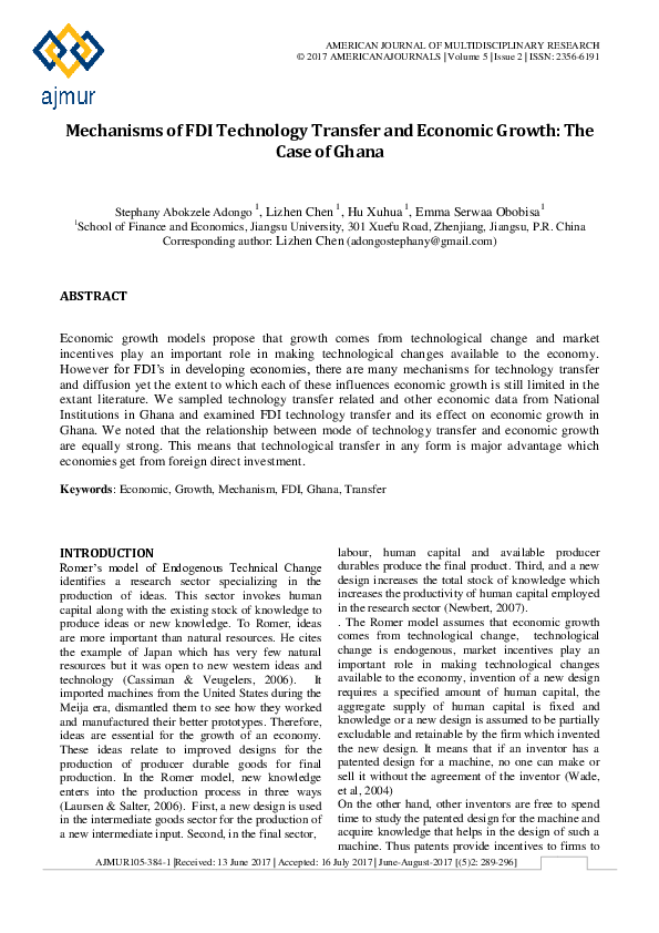 (PDF) Mechanisms of Fdi Technology Transfer and Economic Growth in Ghana