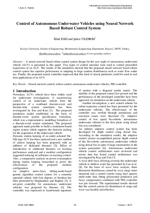 (PDF) Control of Autonomous Underwater Vehicles using Neural Network Based Robust Control System ...