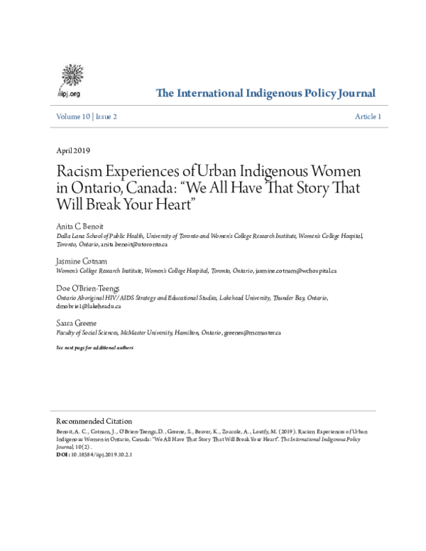 (PDF) Racism Experiences of Urban Indigenous Women in Ontario, Canada ...