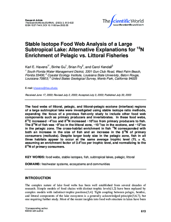 (PDF) Stable Isotope Food Web Analysis of a Large Subtropical Lake ...