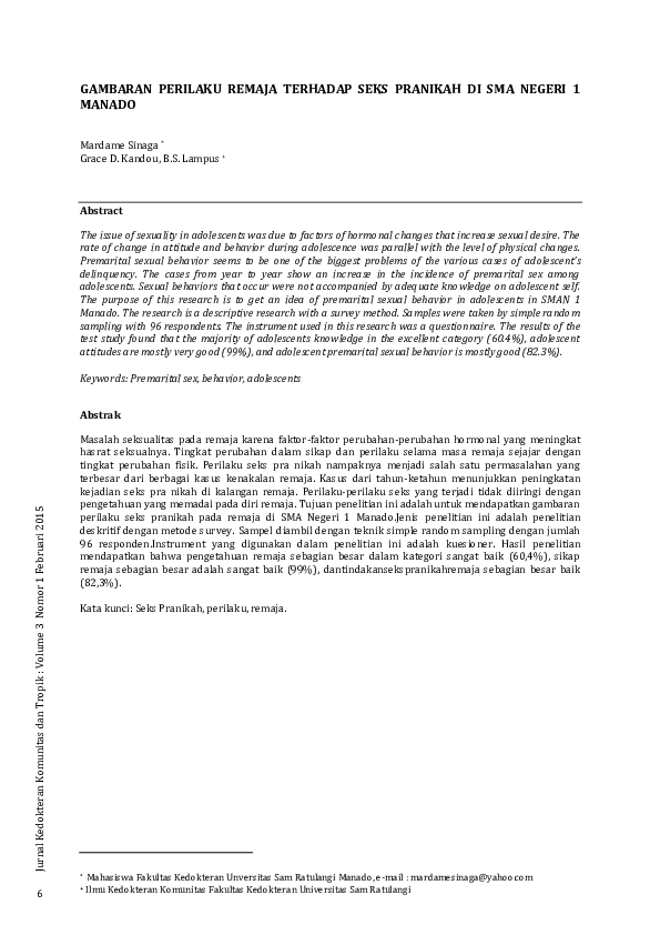 (PDF) Gambaran Perilaku Remaja Terhadap Seks Pranikah DI Sma Negeri 1 Manado