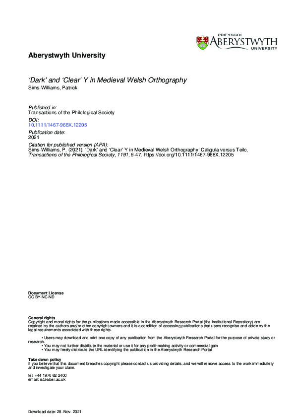 (PDF) ‘Dark’ and ‘Clear’ Y in Medieval Welsh Orthography: Caligula ...