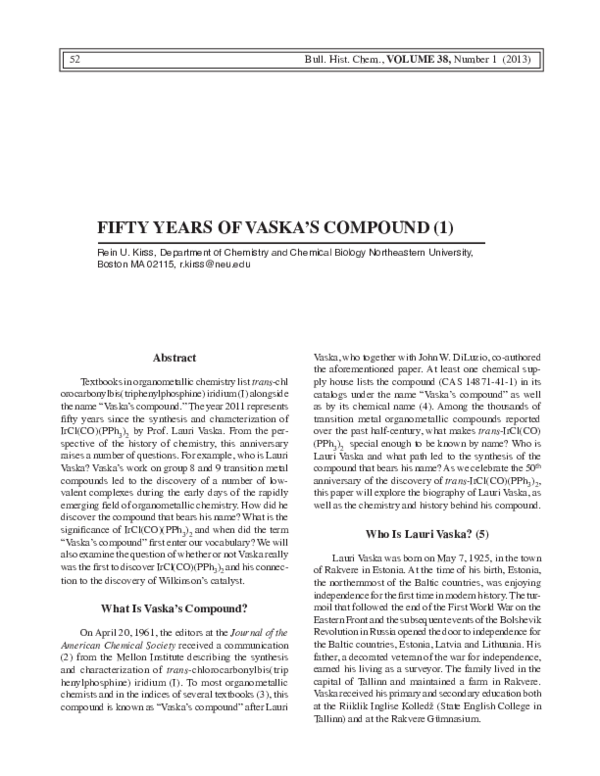(PDF) Fifty Years of Vaska’s Compound (1)