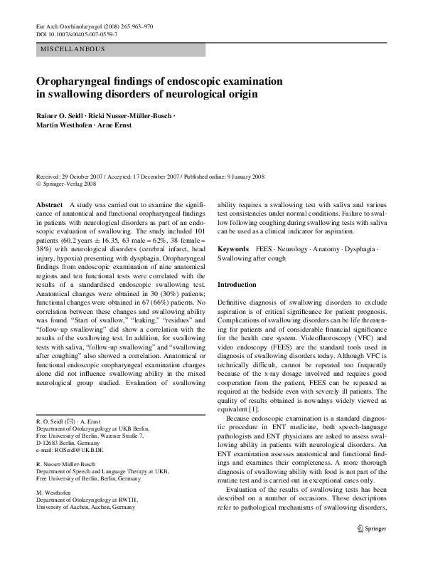 (PDF) Oropharyngeal findings of endoscopic examination in swallowing ...