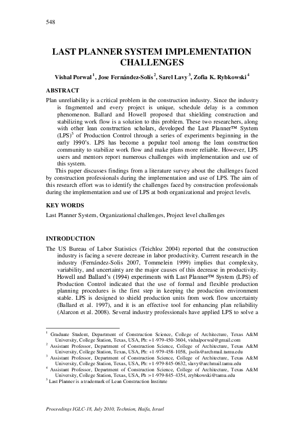 (PDF) Last Planner System Implementation Challenges
