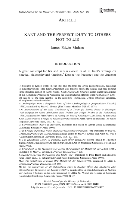 (PDF) Kant and the Perfect Duty to Others Not to Lie (2006)