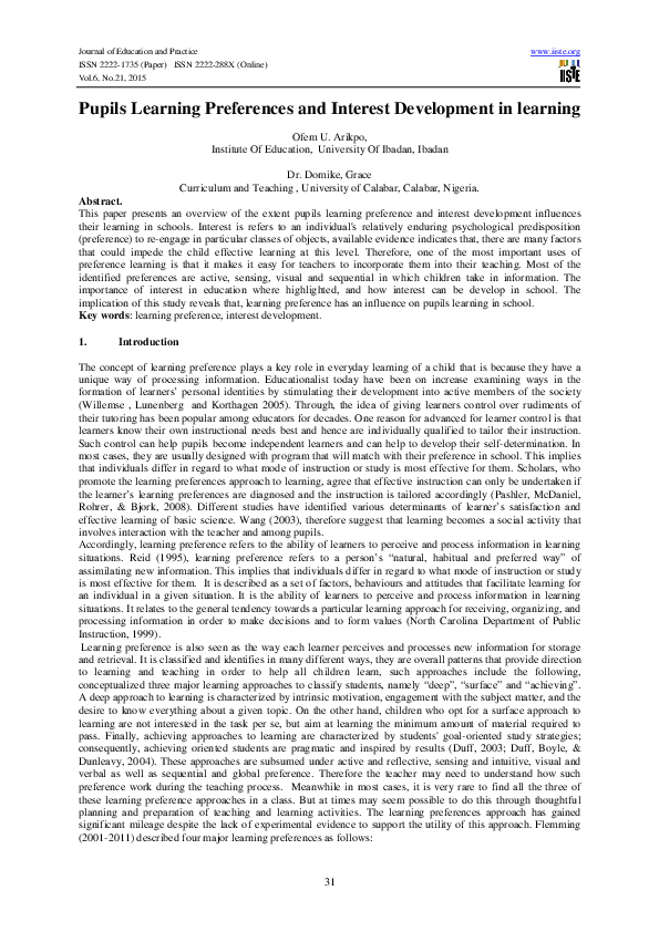 (PDF) Pupils Learning Preferences and Interest Development in learning