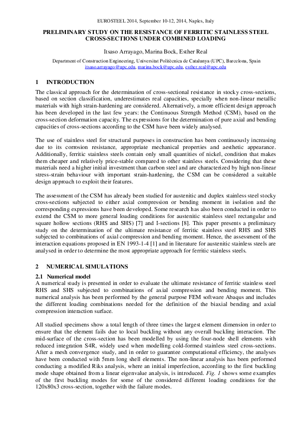 (PDF) Preliminary Study on the Resistance of Ferritic Stainless Steel Cross-Sections Under ...