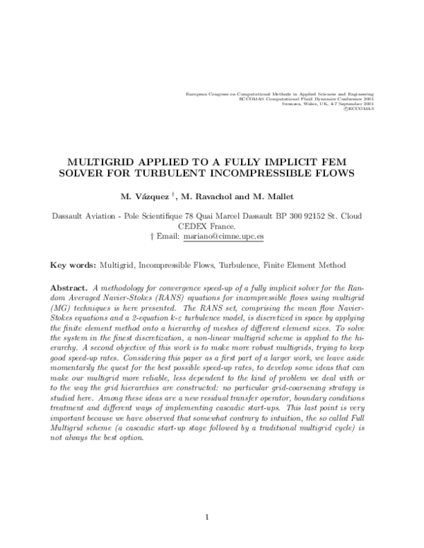 Pdf Multigrid Applied To A Fully Implicit Fem Solver For Turbulent Incompressible Flows