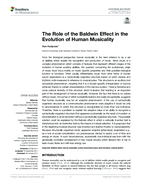 (PDF) The Role of the Baldwin Effect in the Evolution of Human Musicality