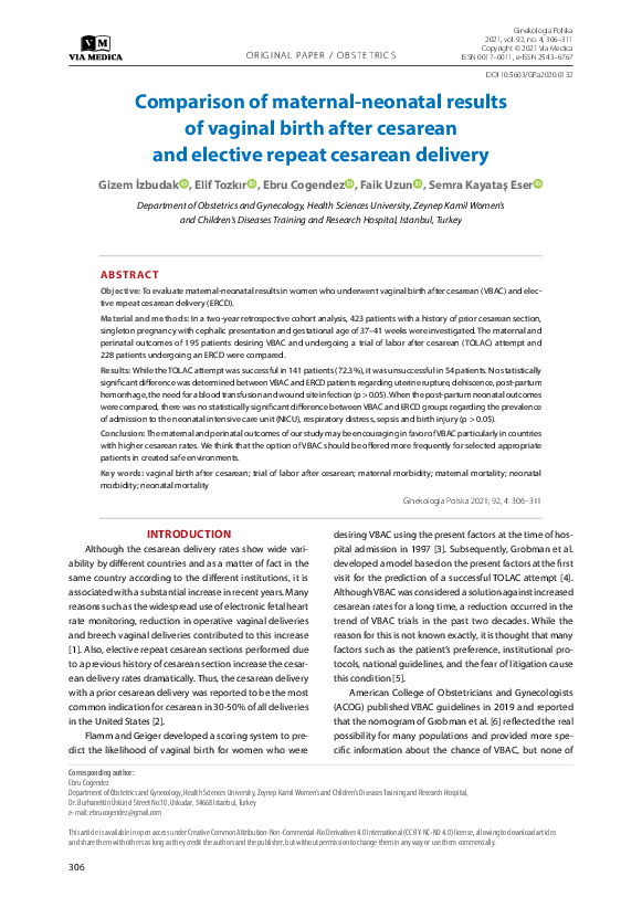 (PDF) Comparison of maternal-neonatal results of vaginal birth after ...