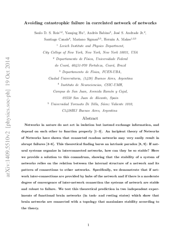 (PDF) Avoiding catastrophic failure in correlated networks of networks