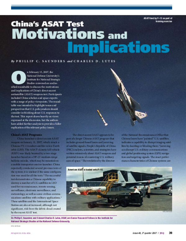 (PDF) China's ASAT Test: Motivations and Implications