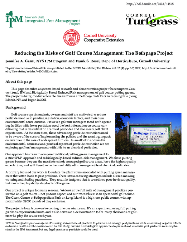 (PDF) Reducing the Risks of Golf Course Management: The Bethpage Project