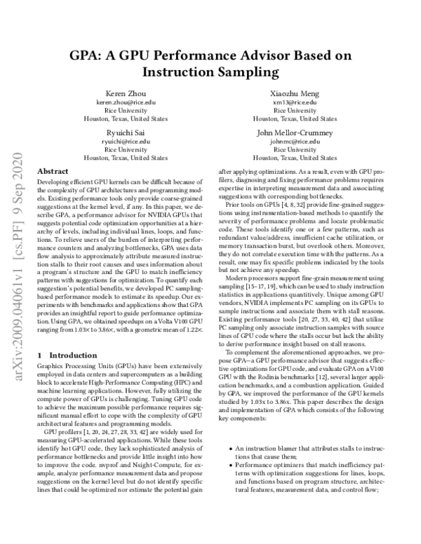 Pdf Gpa A Gpu Performance Advisor Based On Instruction Sampling