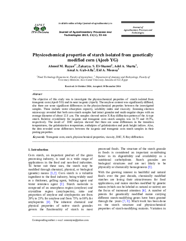 (PDF) Physicochemical properties of starch isolated from genetically modified corn ( Ajeeb YG ...