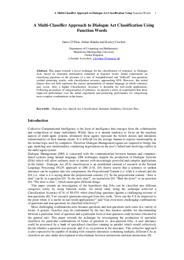 (PDF) A multi-classifier approach to dialogue act classification using function words