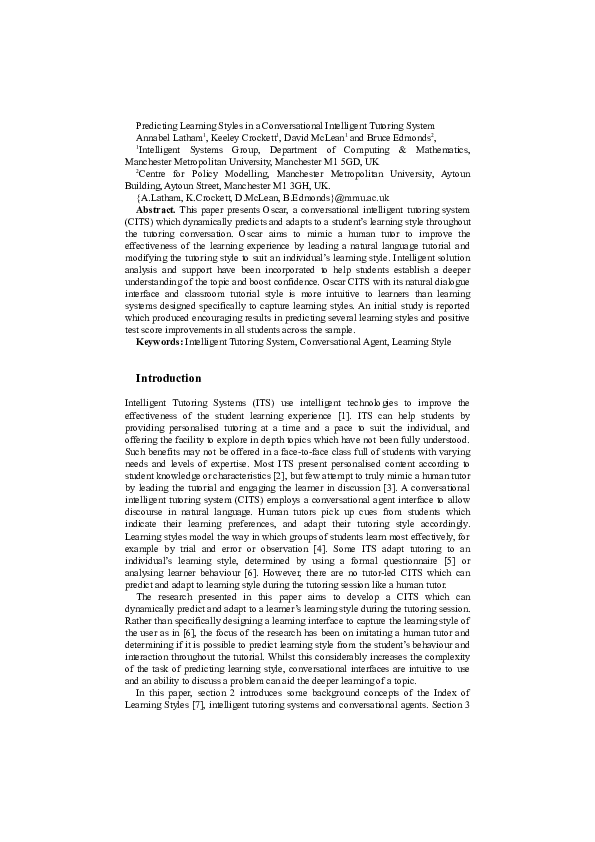 (PDF) Architecture for an Intelligent Tutoring System that considers learning styles | María ...