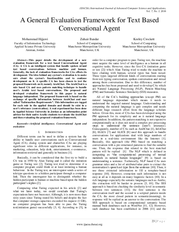 Pdf A General Evaluation Framework For Text Based Conversational Agent Keeley Crockett