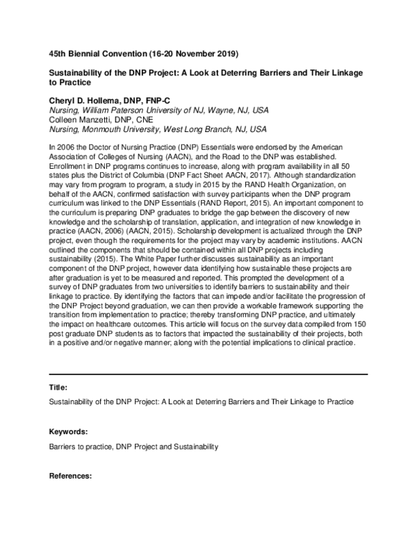 (PDF) Sustainability of the DNP Project: A Look at Deterring Barriers ...