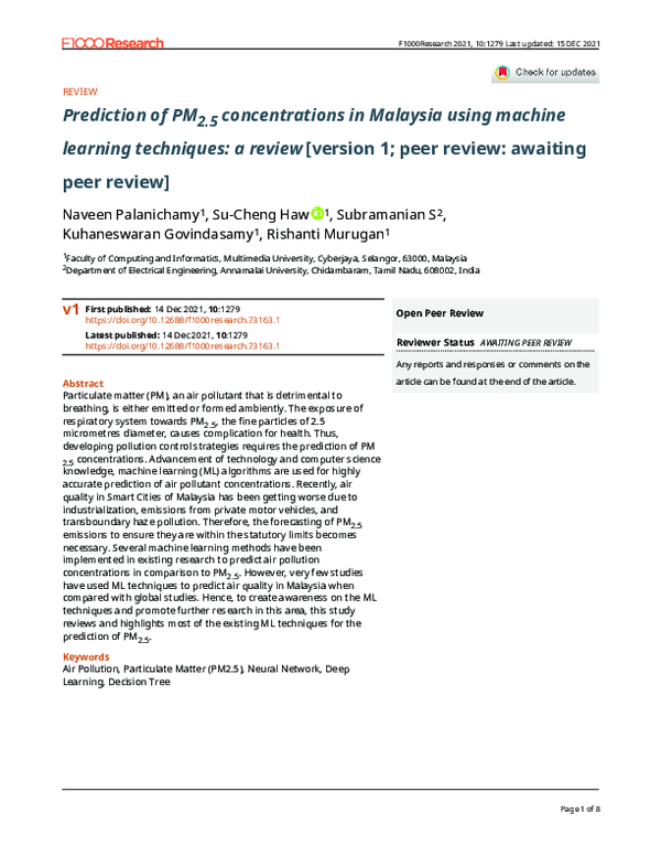 Pdf Prediction Of Pm2 5 Concentrations In Malaysia Using Machine Learning Techniques A Review