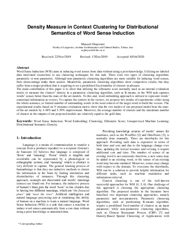 Pdf Density Measure In Context Clustering For Distributional Semantics Of Word Sense Induction