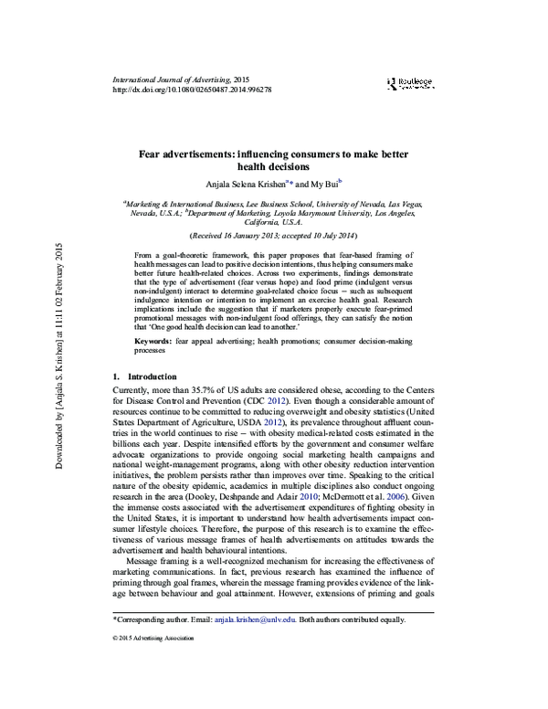 (PDF) Fear advertisements: influencing consumers to make better health ...