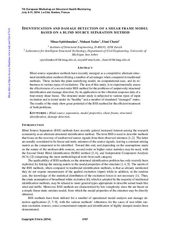 (PDF) Identification and Damage Detection of a Shear Frame Model Based on a Blind Source ...