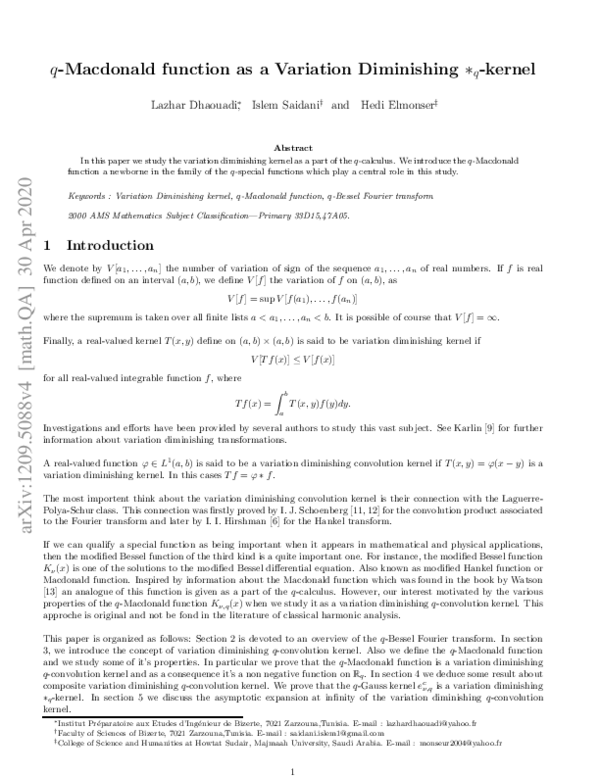 Pdf Q Bessel Fourier Transform And Variation Diminishing Kernel