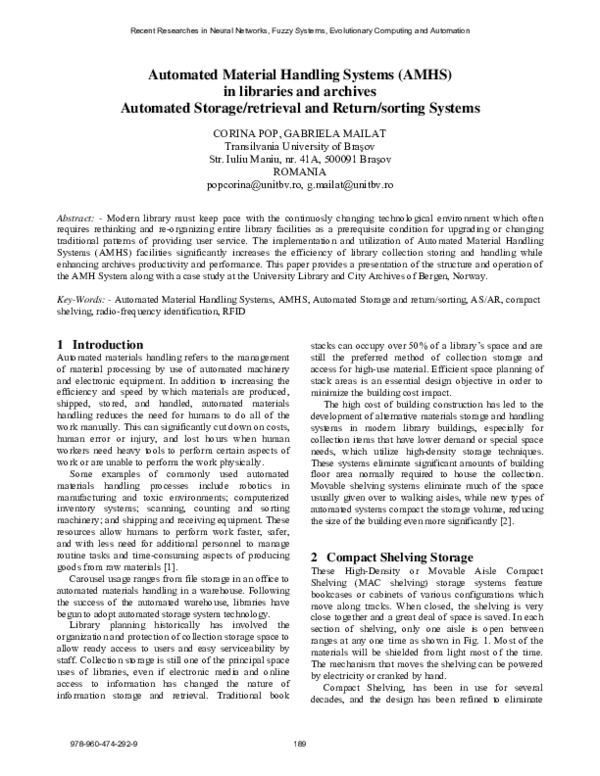 (PDF) Automated material handling systems (AMHS) in libraries and archives: automated storage ...