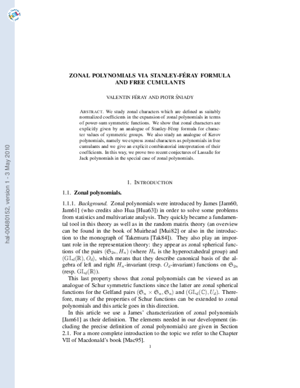 (PDF) Zonal polynomials via Stanley-F\'eray formula and free cumulants