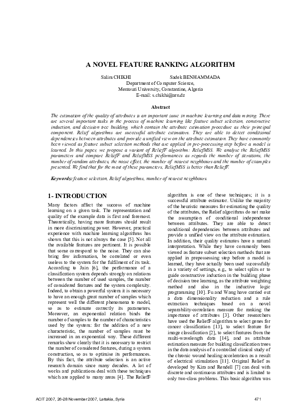 (PDF) A Novel Feature Ranking Algorithm