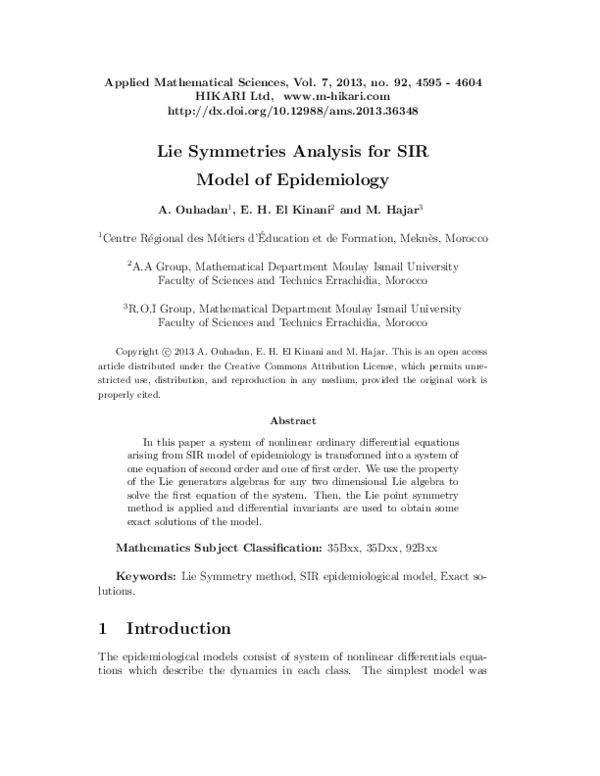 (PDF) Lie Symmetries Analysis for SIR Model of Epidemiology (PDF) Lie Symmetries Analysis for SIR Model of Epidemiology