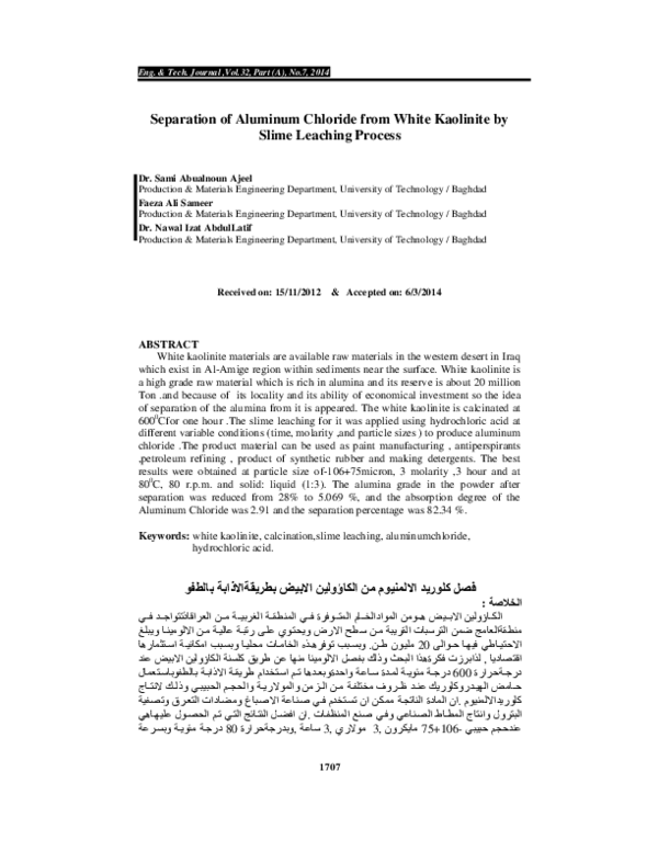 (PDF) Separation of Aluminum Chloride from White Kaolinite by Slime ...