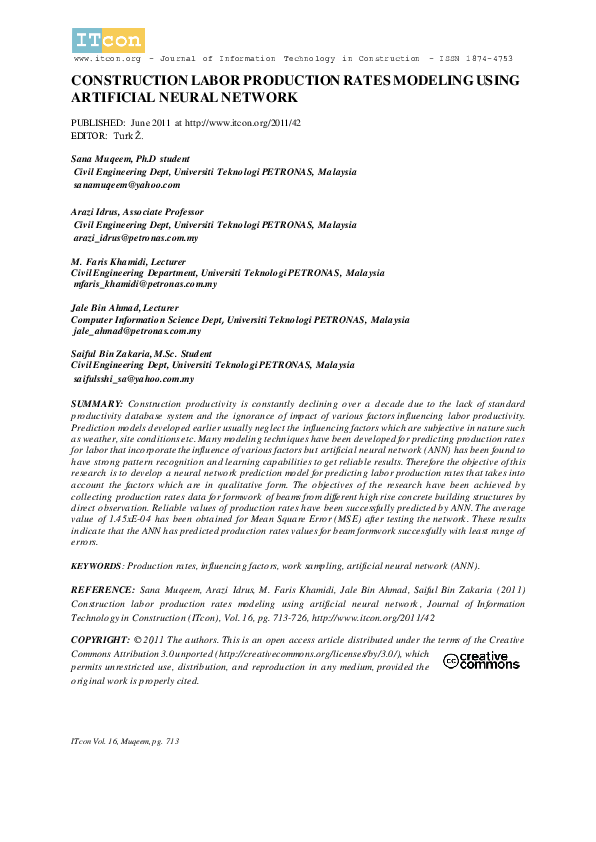 Pdf Construction Labor Production Rates Modeling Using Artificial