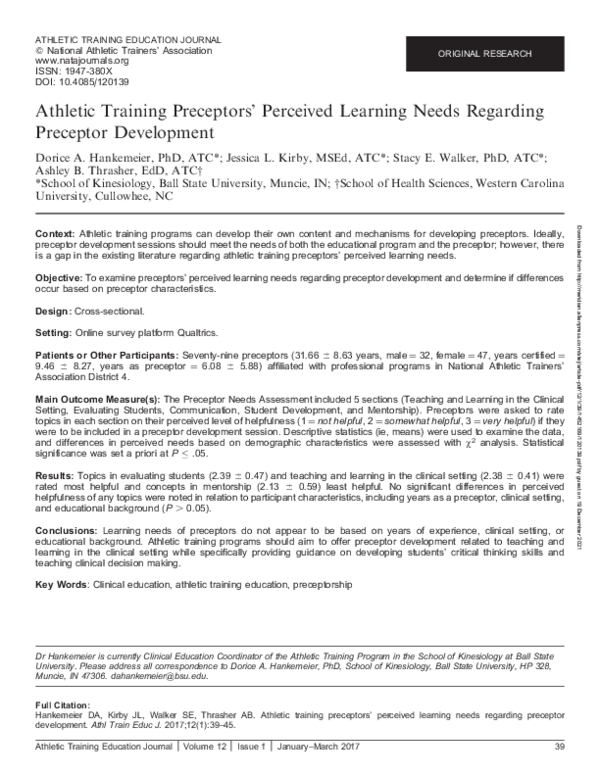(PDF) Athletic Training Preceptors' Perceived Learning Needs Regarding ... (PDF) Athletic Training Preceptors' Perceived Learning Needs Regarding ...