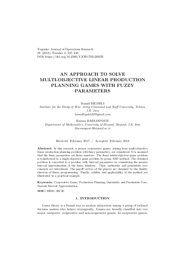 (PDF) An approach to solve multi-objective linear production planning games with fuzzy parameters